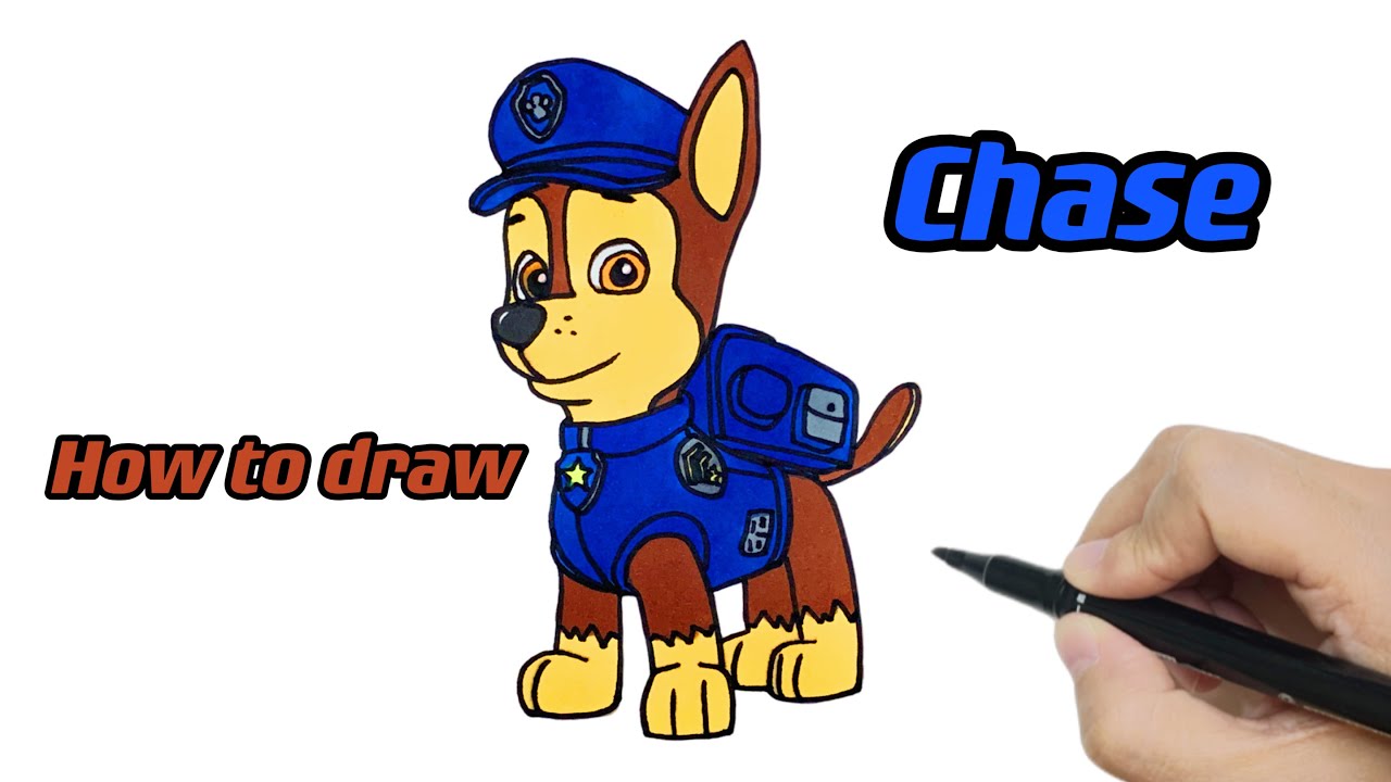 How to Draw Chase with Colorful Markers Step by Step | PAW Patrol ...