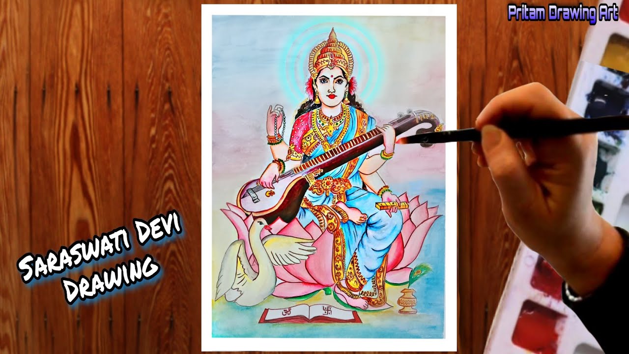 How to draw easy Saraswati Devi drawing with step by step | Maa ...