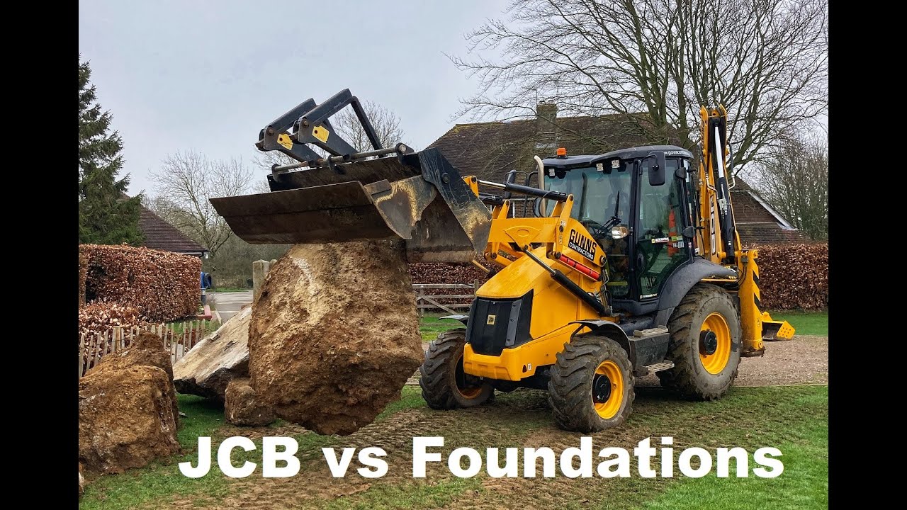 JCB 3CX pulling out concrete foundations - YouTube