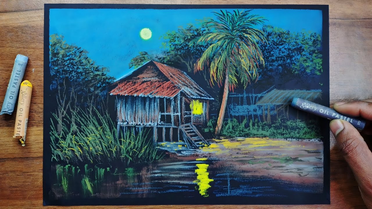 Night scenery drawing on Black paper - Night drawing with oil pastel ...