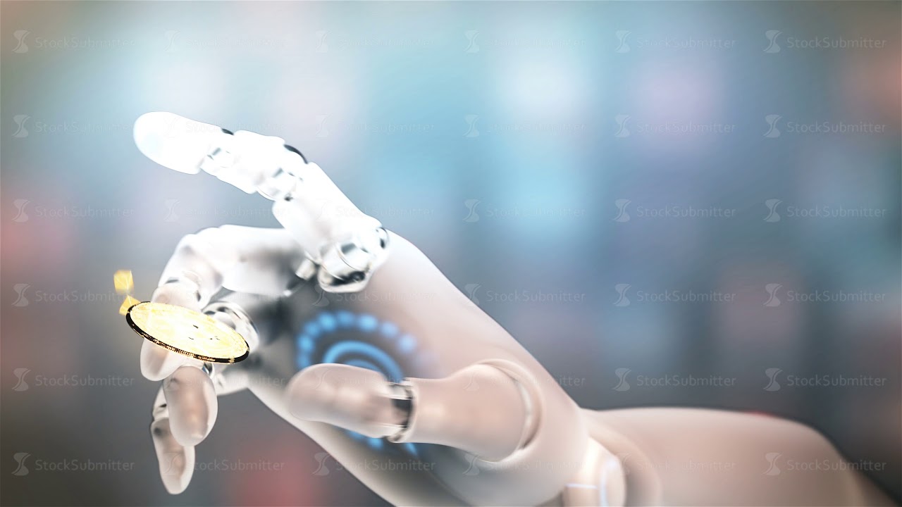 robot hand taking bitcoin coin on clourful background in s - YouTube