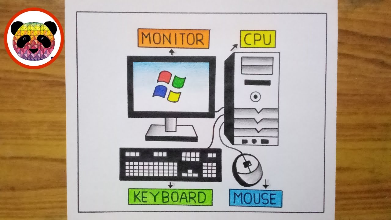 How to Draw Desktop Computer Step By Step / Computer Parts Drawing ...