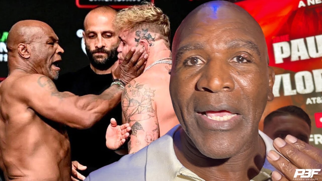 EVANDER HOLYFIELD SECONDS AFTER MIKE TYSON SLAPS JAKE PAUL AT WEIGH IN ...