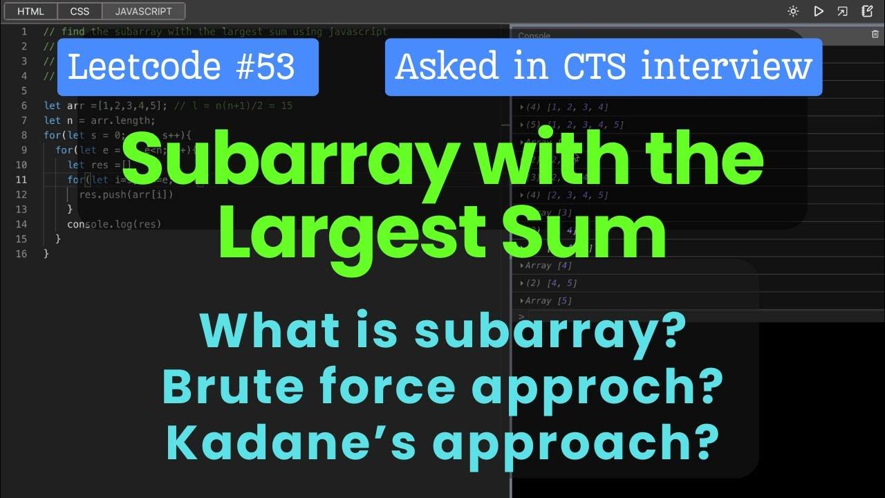 Subarray with Largest Sum Using JavaScript | #53 Maximum Subarray | Kadane’s Algorithm @vslogs ...