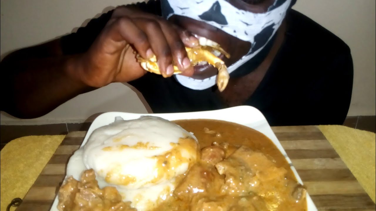 pounded yam with crabs, ponmo, Shaki, cow meat and okro with groundnut ...