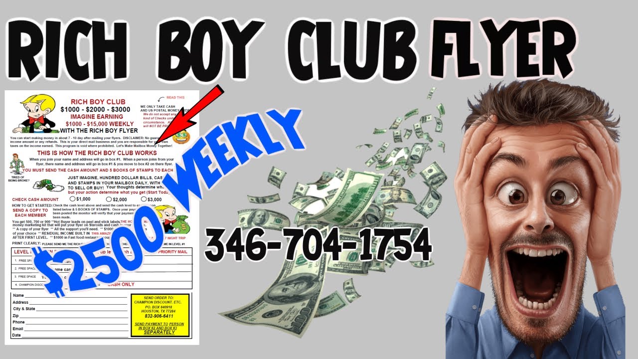 *Rich boy club flyer*, Fast mail order flyer, Birthday bank postcard ...