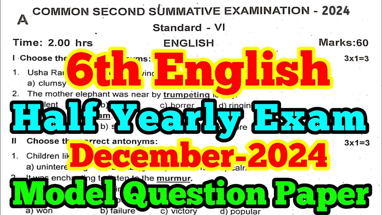 6th English Half yearly Exam Question Paper-2024 class 6 English Half ...