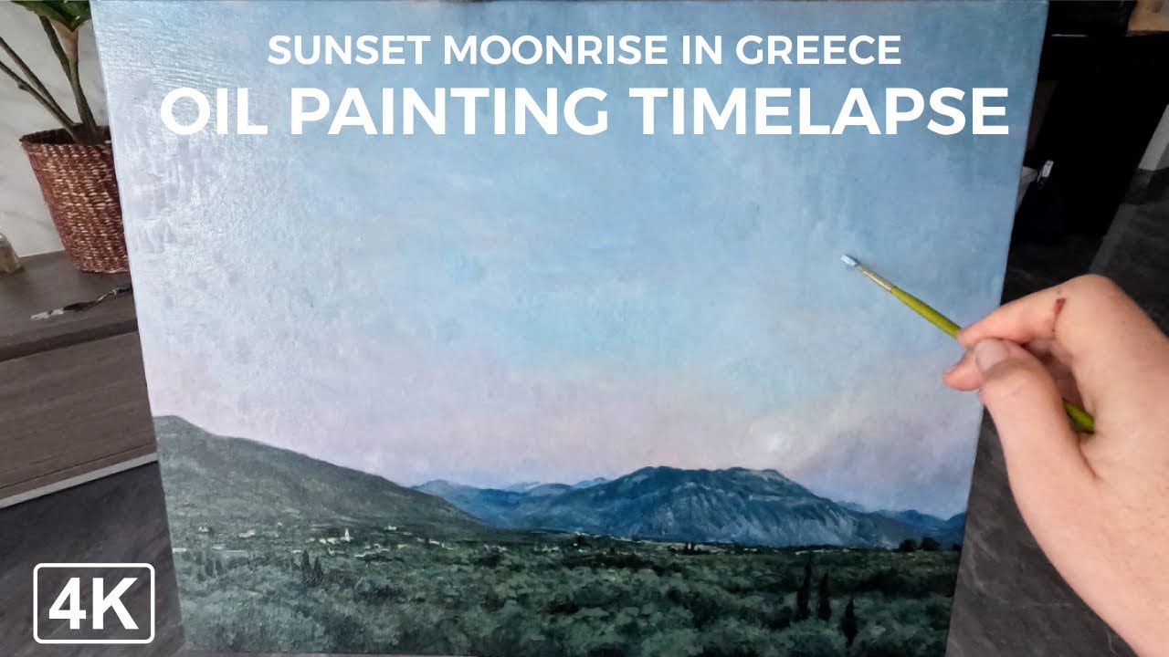 Timelapse oil painting of sunset moonrise over olive groves in Kalamata ...