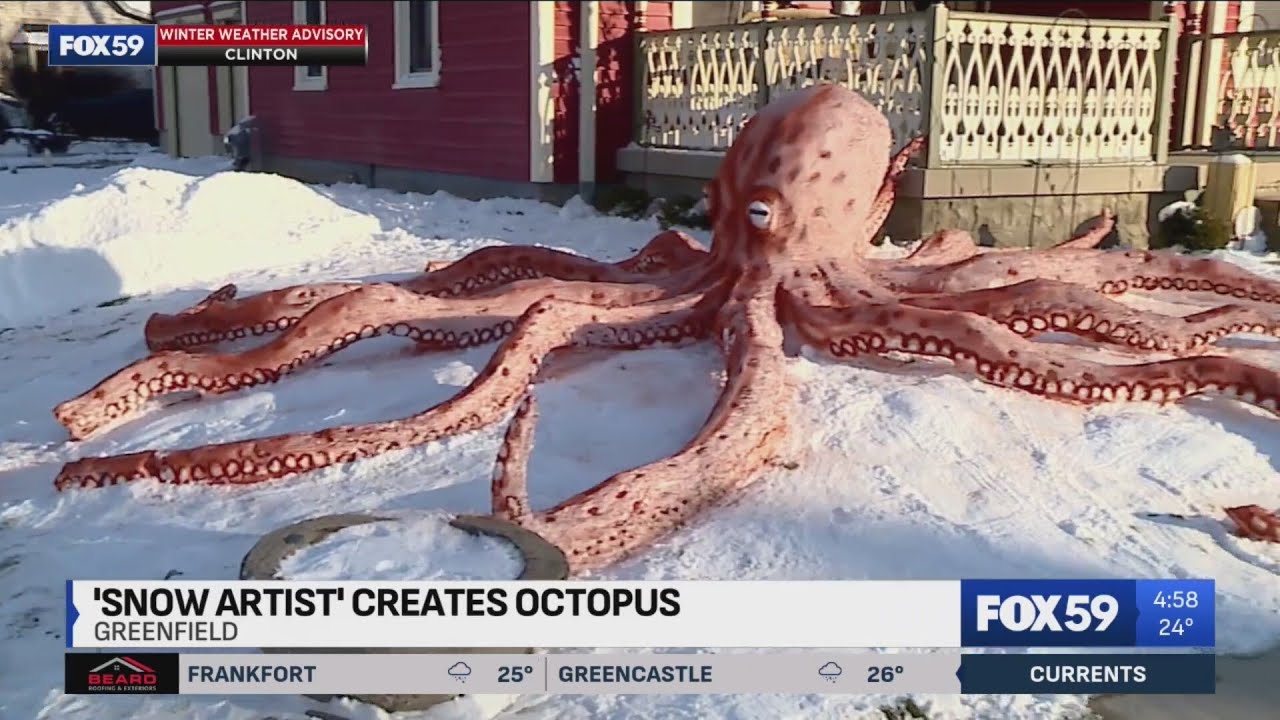 Snow artist's octopus turns heads in Greenfield - YouTube