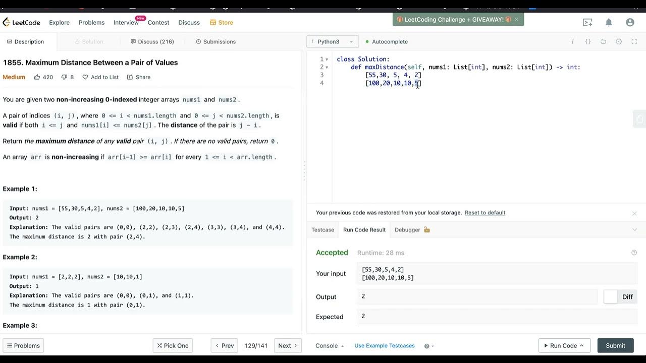 Leetcode 1855. Maximum Distance Between a Pair of Values - YouTube
