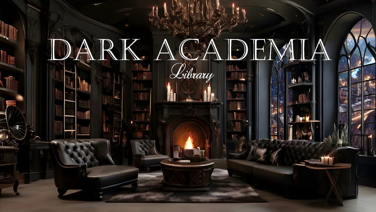 Ultimate Dark Academia Library Ambience - Cozy Fireplace, Snow & Music ...