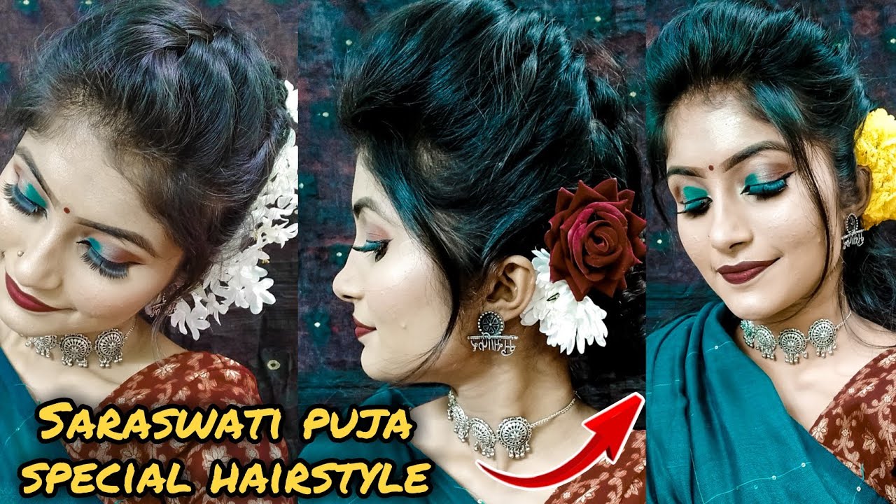 Saraswati puja special hairstyle llstep by step tutorial - YouTube