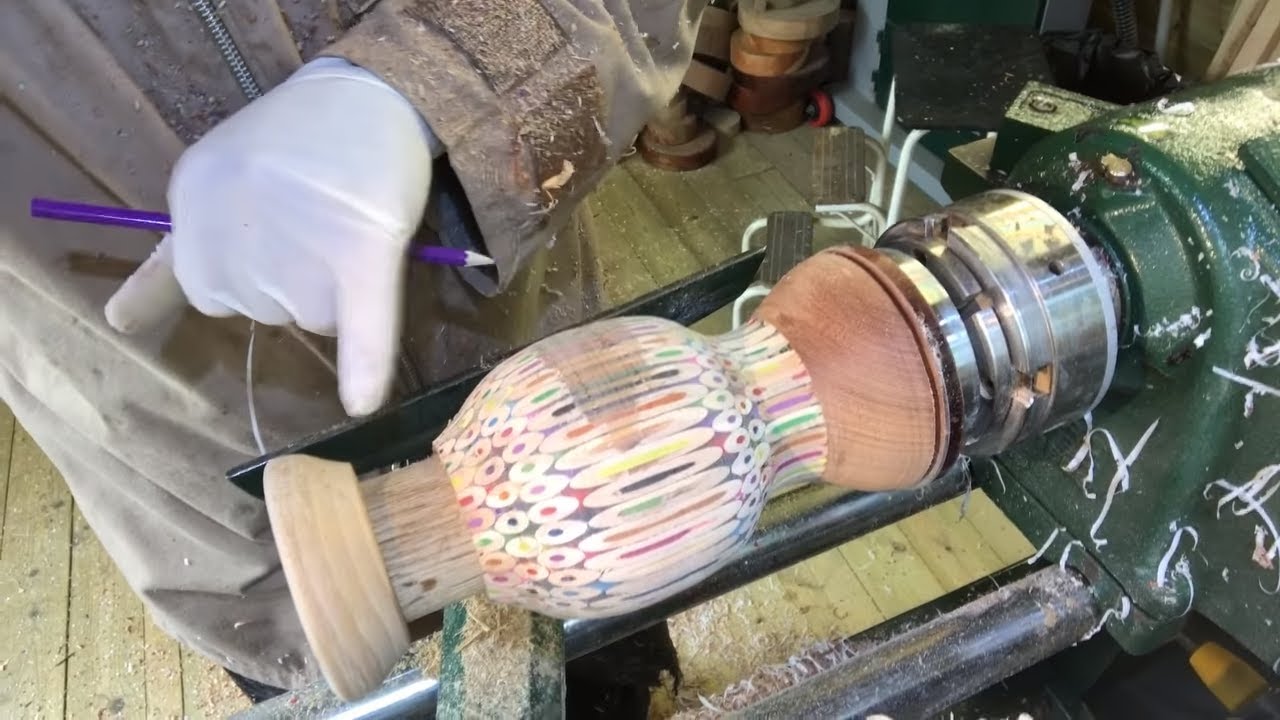 Woodturning - A Colorful Vase Using Pencils - YouTube