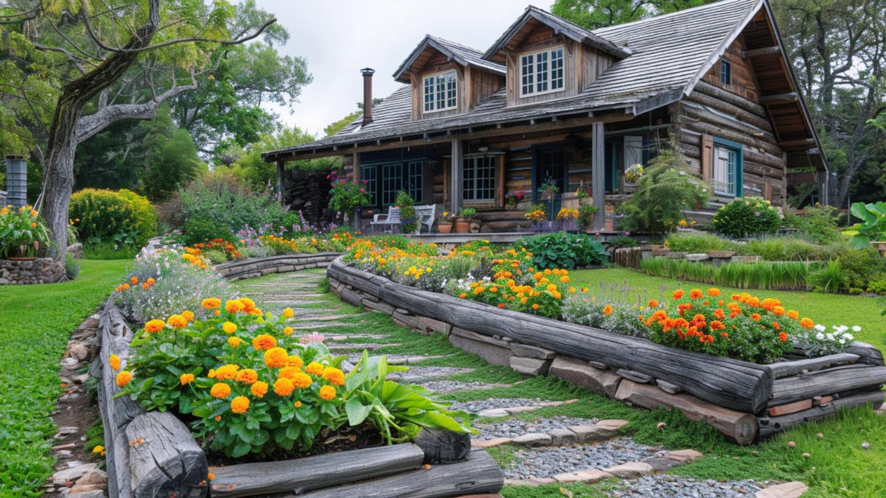 Cozy Log Cabin in a Vibrant Garden: Rustic Charm, Colorful Flowers ...