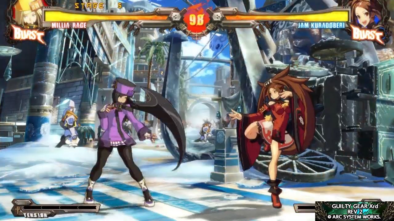 Guilty Gear Xrd Rev 2 - Millia Rage vs Jam Kuradoberi Hard AI Arcade ...