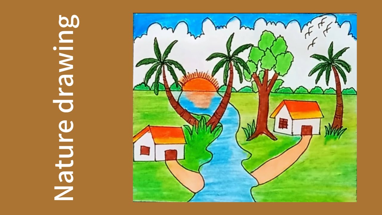 Nature scenery drawing/river,nature and village scene drawing #scenery ...