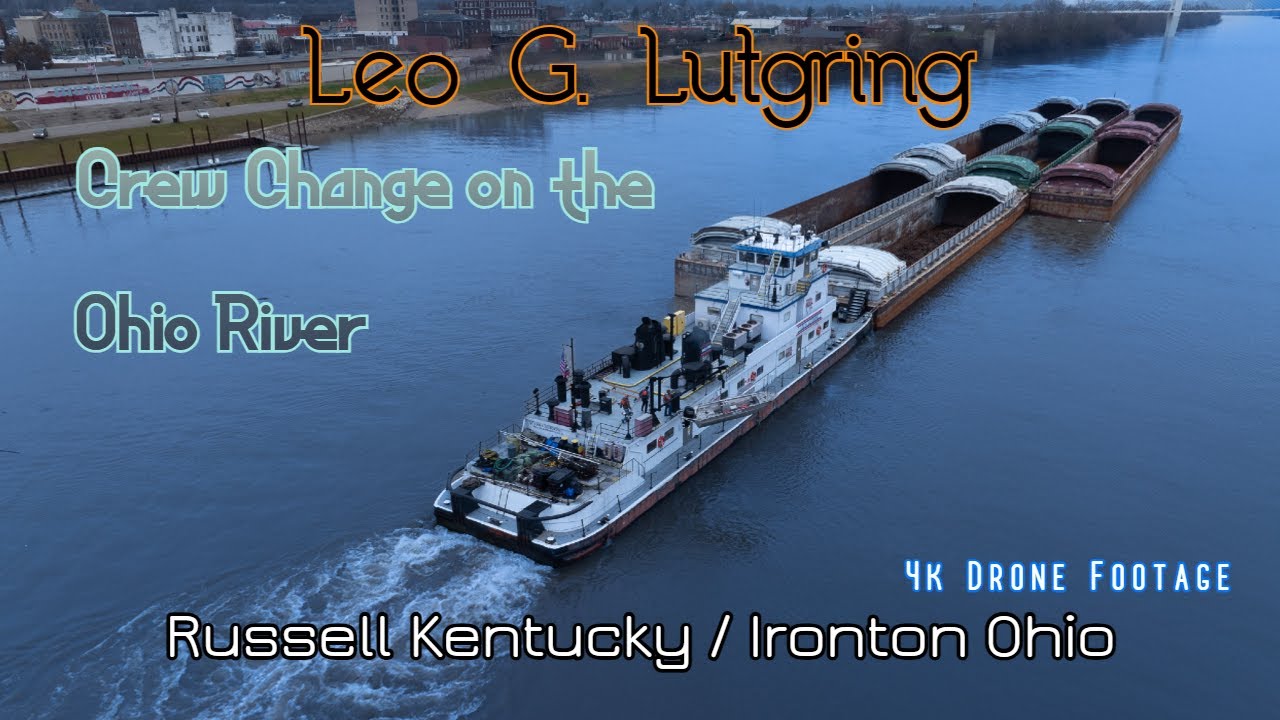 Leo G Lutgring changing crew on the Ohio River in Russell Kentucky / Ironton Ohio - 4k Drone ...