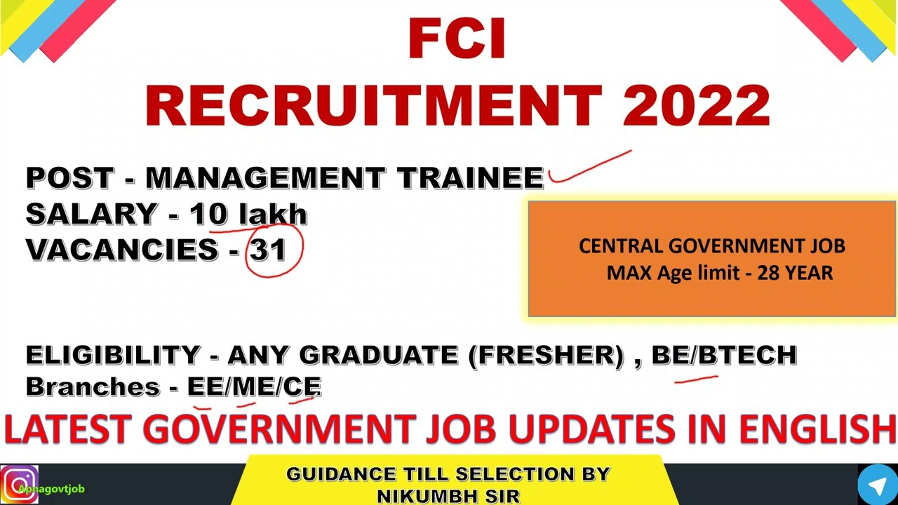 FCI RECRUITMENT 2022 | LATEST GOVERNMENT JOB UPDATES IN ENGLISH - YouTube