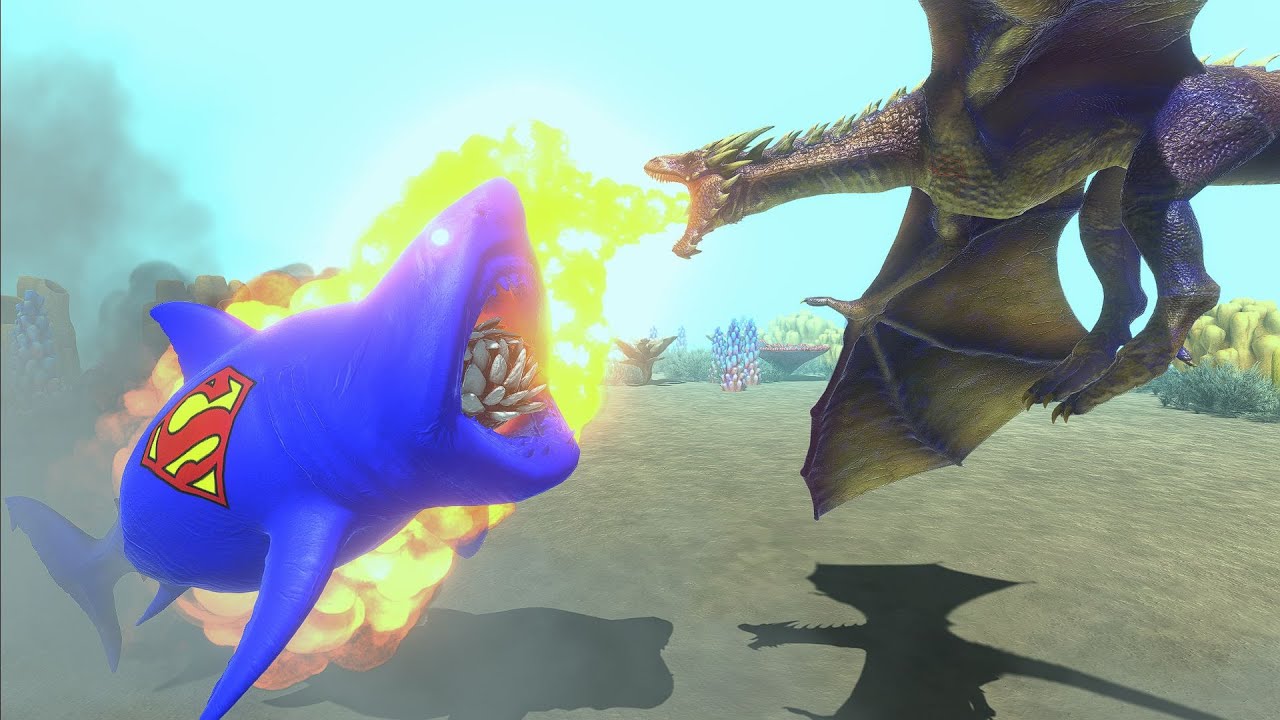 SUPERMAN MUTANT MEGALODON VS DRAGON DINOSAURS FIGHT. ANIMAL REVOULT ...