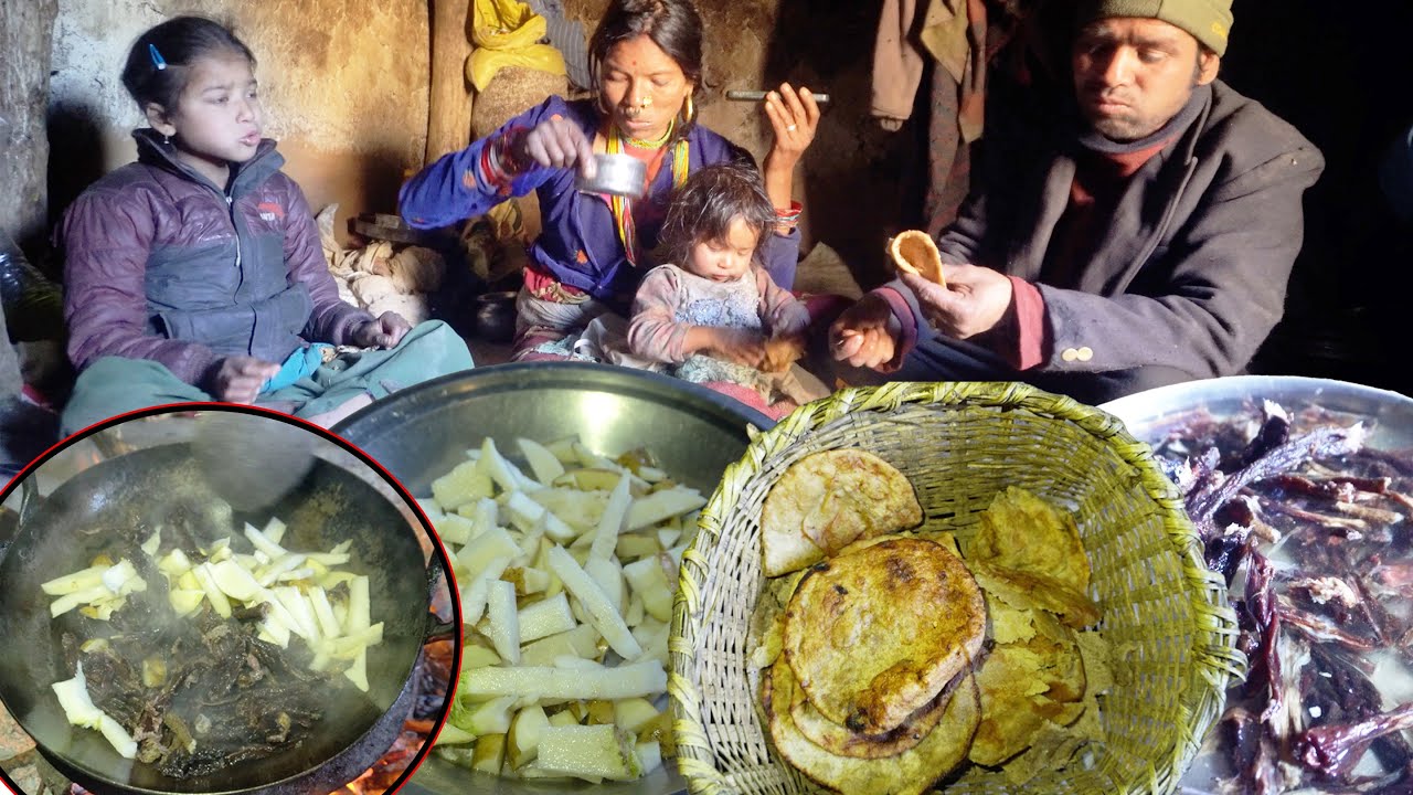 buff curry with bread in Dharme family's kitchen || rural Nepal ...
