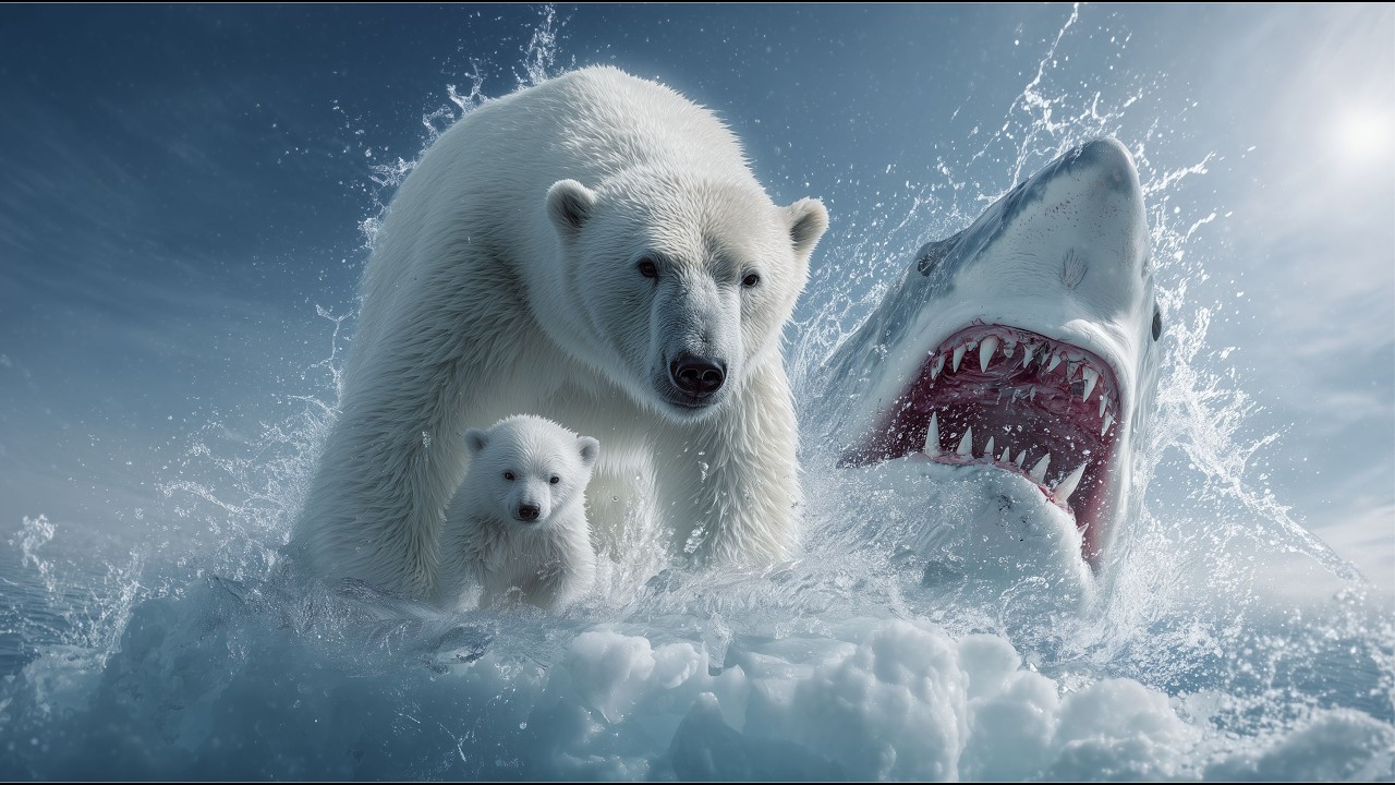 Mother Polar Bear Protects Cub from Arctic Shark Attack. Live Sound ...