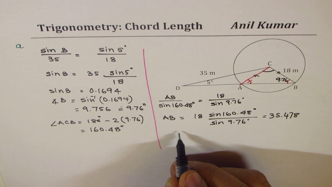 Find Chord Length of Line Intersecting a Circle Sine Law Application ...
