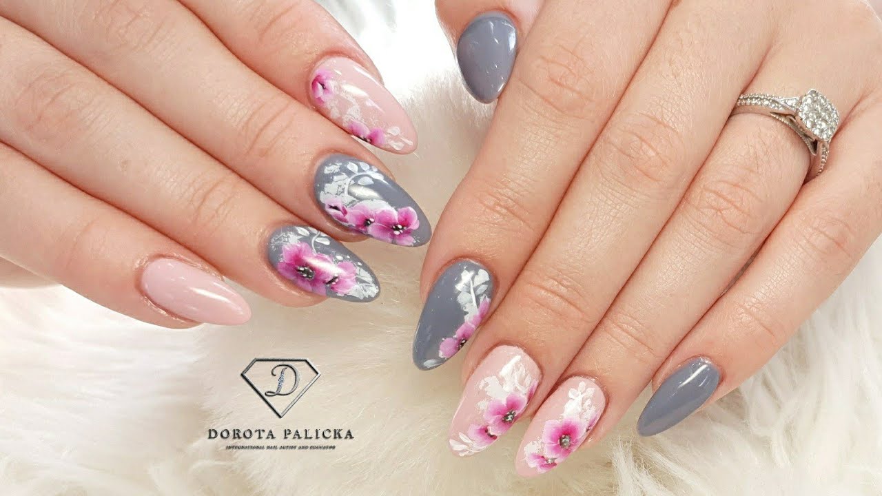 Salon nails Pink and grey gel overlay on top of natural nails with one ...