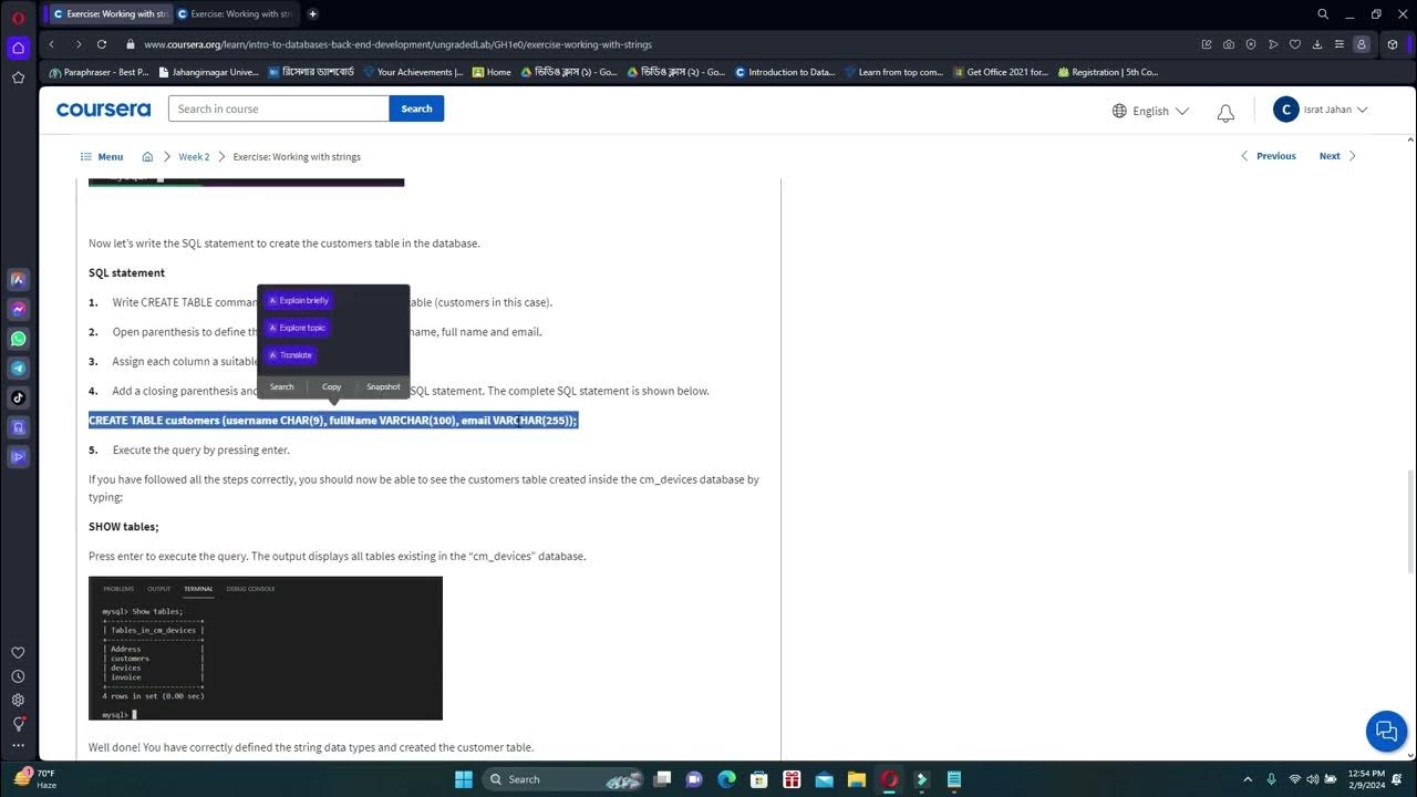 Self review: Working with strings Coursera | Introduction to Databases for Back-End Development ...
