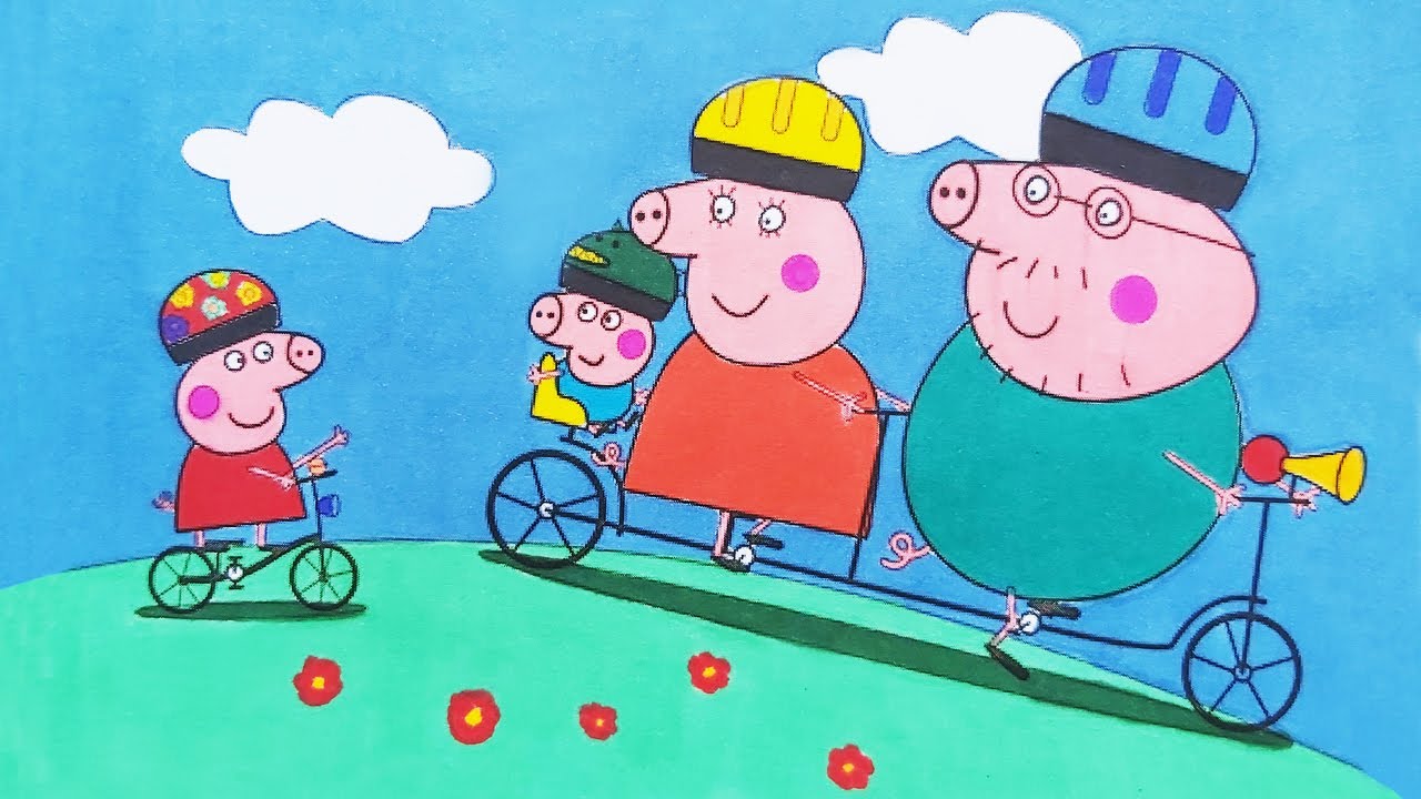 Coloring PEPPA PIG Cycle Ride ~Peppa Pig~George~Edmond Elephant~Richard ...