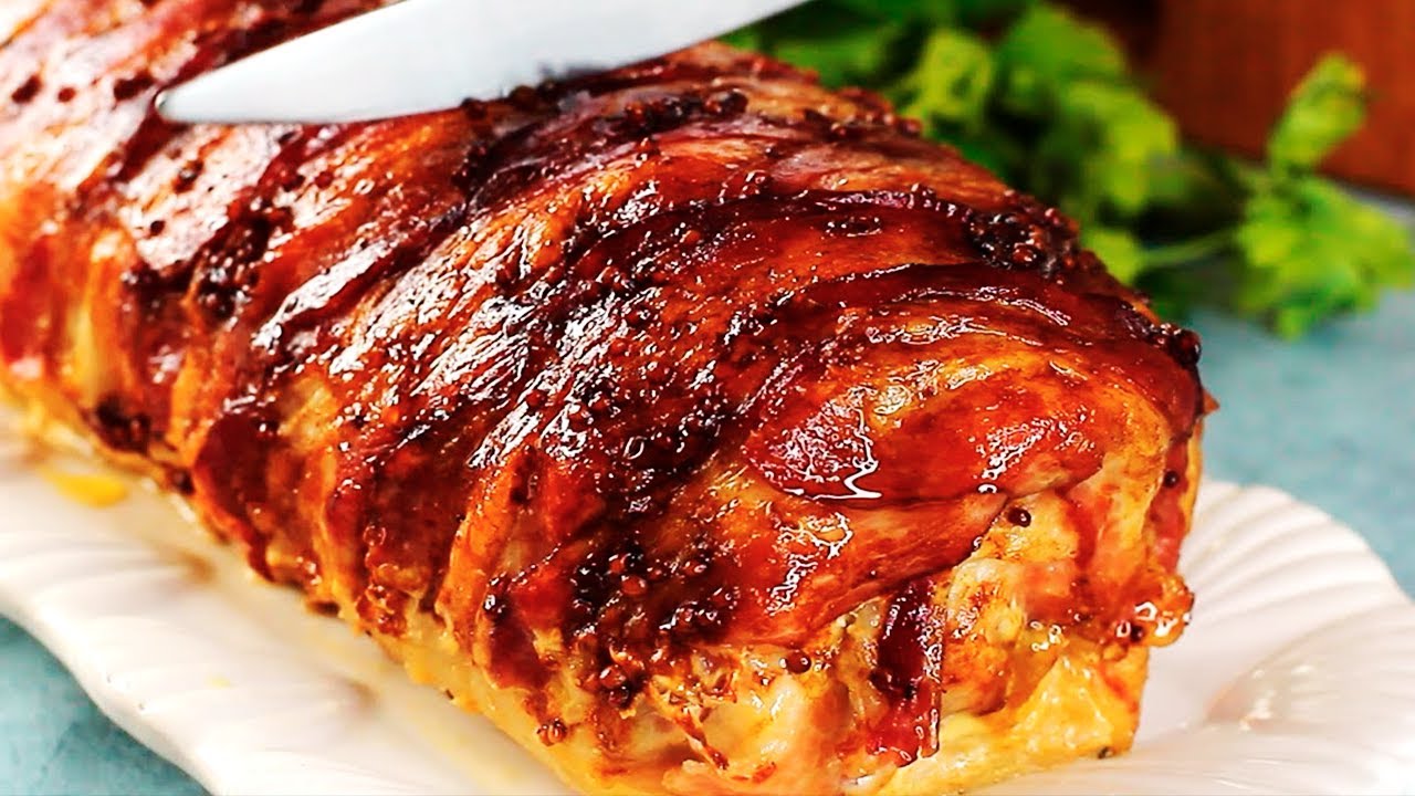 Surprise your guests at dinner! Juicy Stuffed Pork Loin in bacon. - YouTube