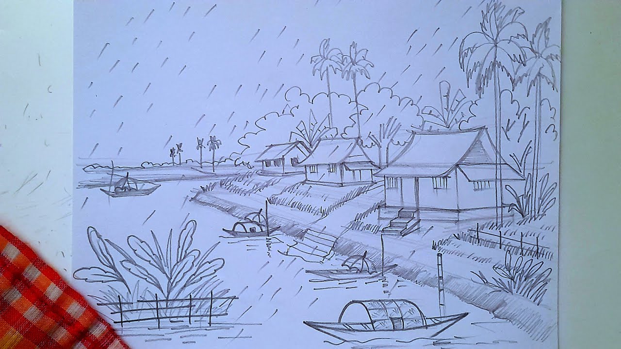 Impressive rainy season village drawing tutorial for you - YouTube