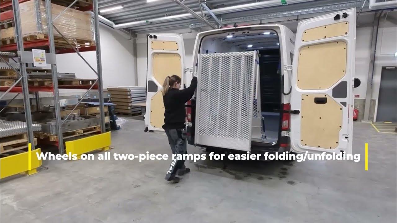Easiest cargo van tailboard ramp to deploy and workbench application - YouTube