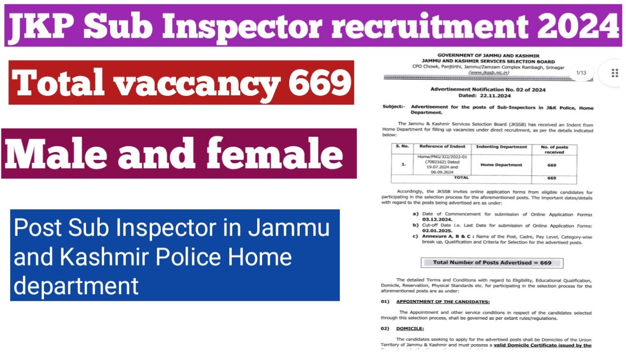 JKP Sub Inspector 2024-25 job notification /Jkp si Recruitment 2024 ...