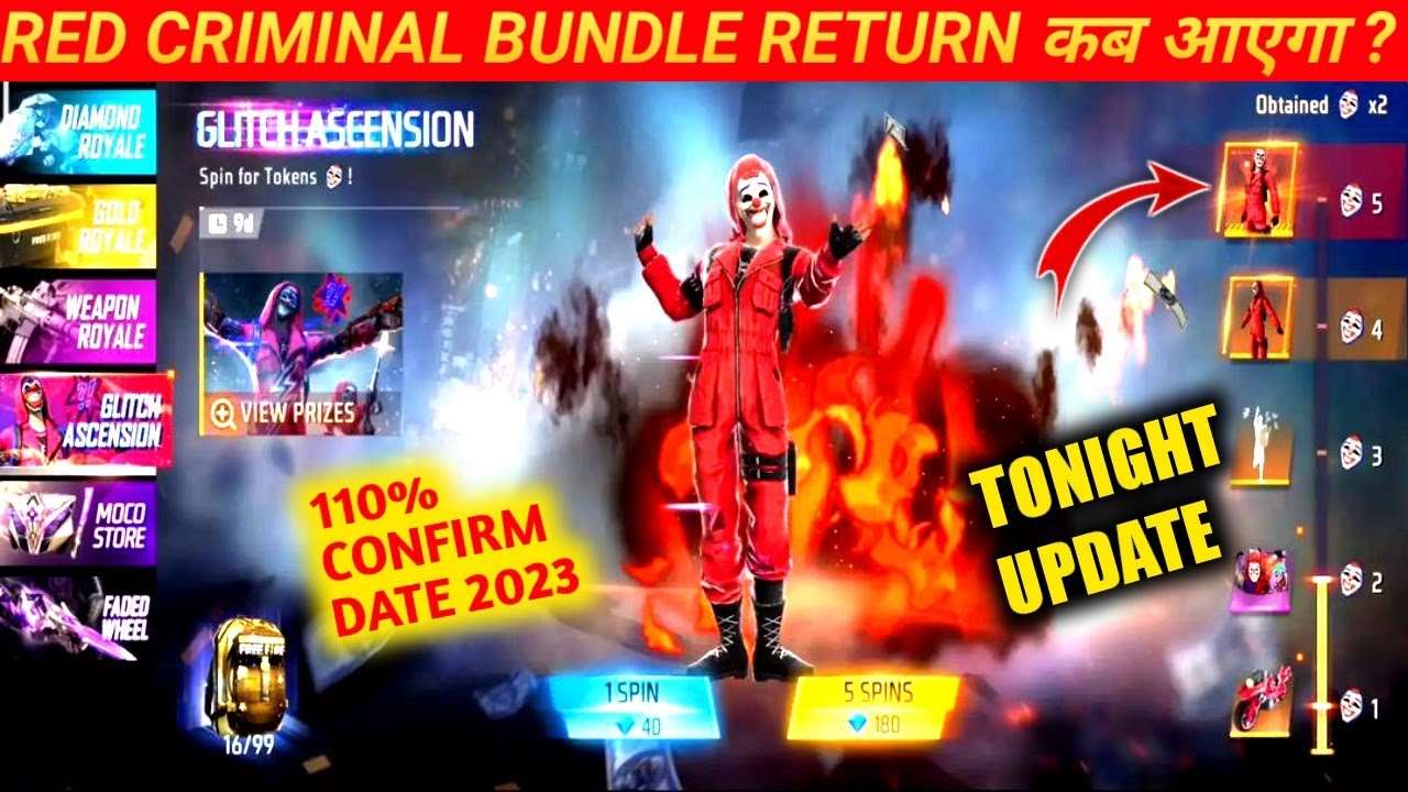 Tonight Update Of Free Fire | Red Criminal Bundle Return 2023 | Red ...