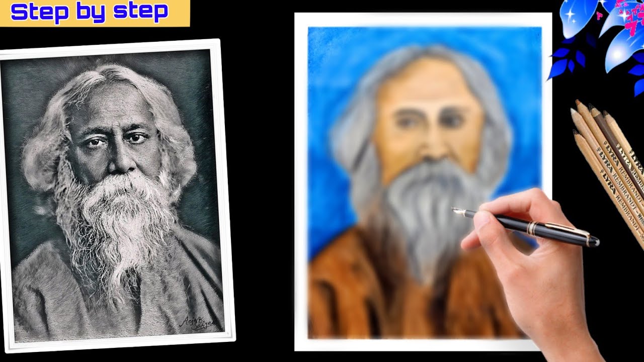 Rabindranath Tagore Oil Pastels Colour Drawing Tutorial | Step by Step ...