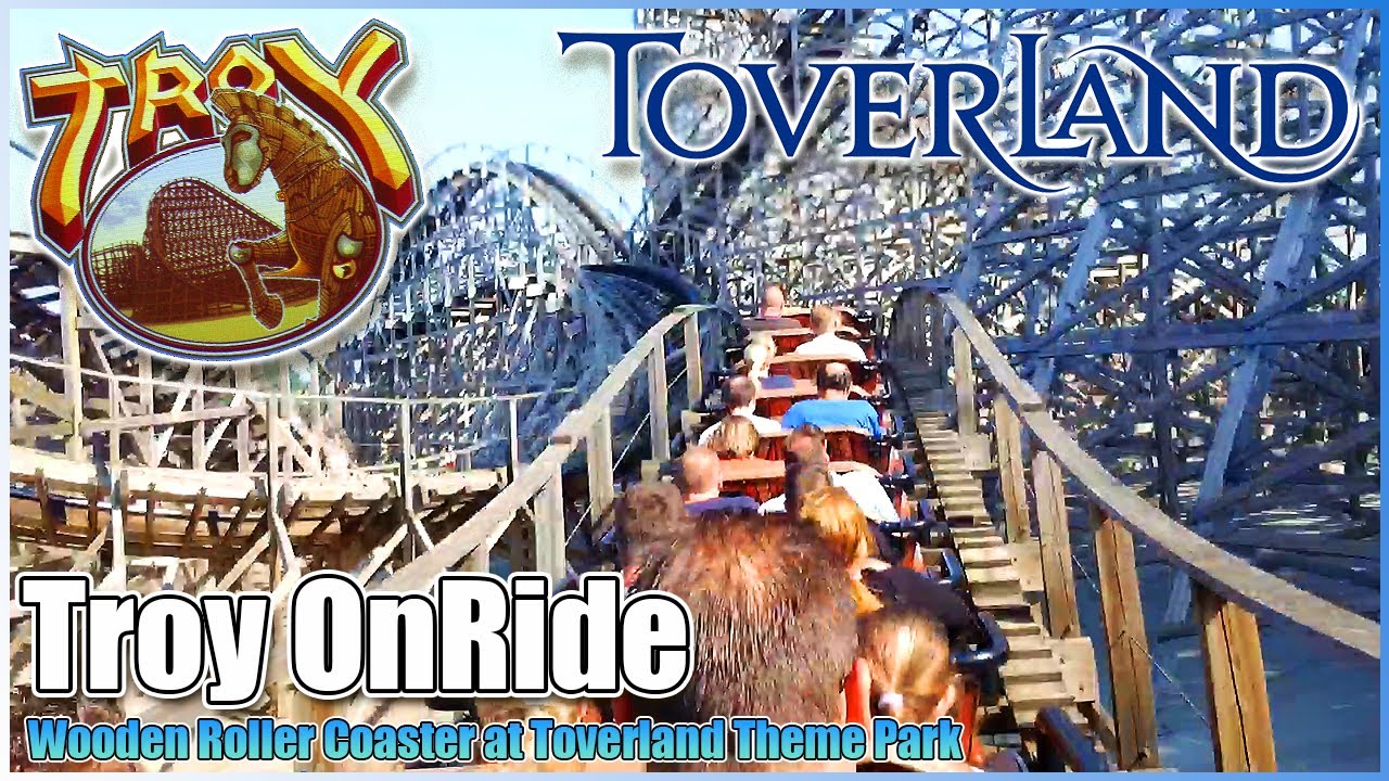 🎭Troy OnRide🎢Wooden Roller Coaster🐎with Cue and Exit Toverland Theme ...