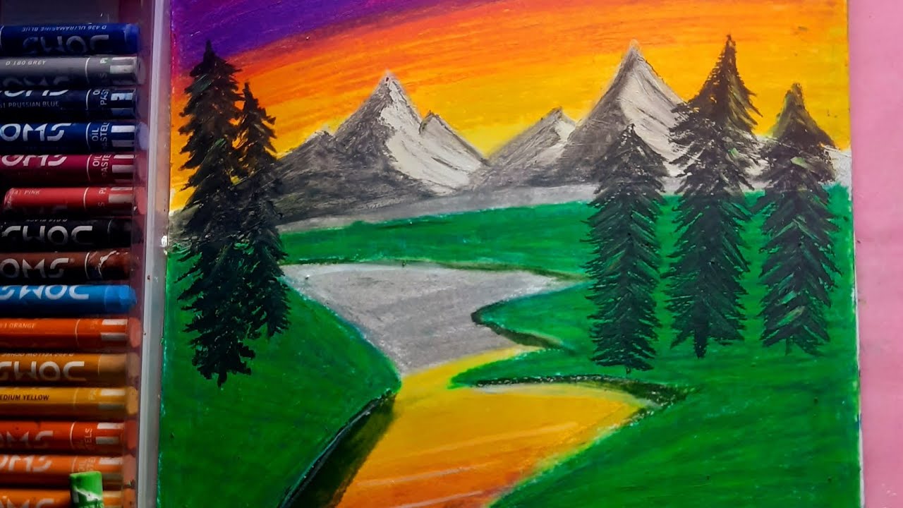 ColourFul landscape scenery drawing | using oil pastel | Greenland ...