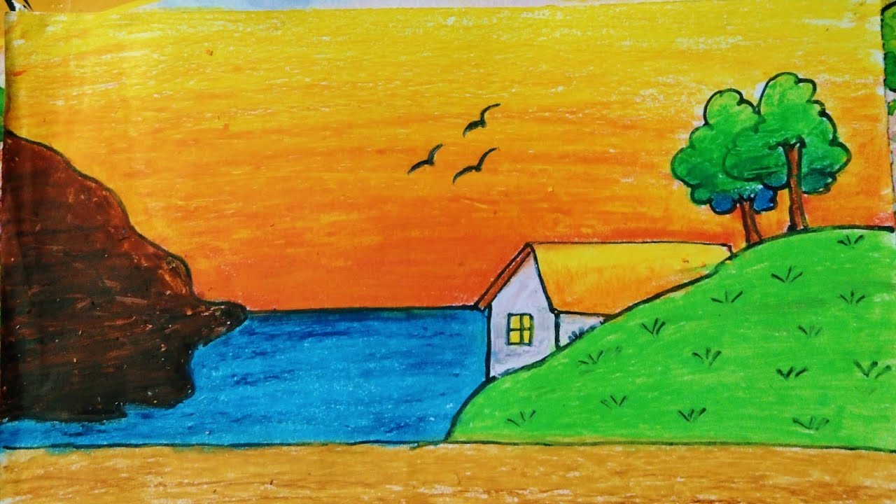 Easy sunset scenery drawing 😍 ll How to Draw sunset scenery srep by ...