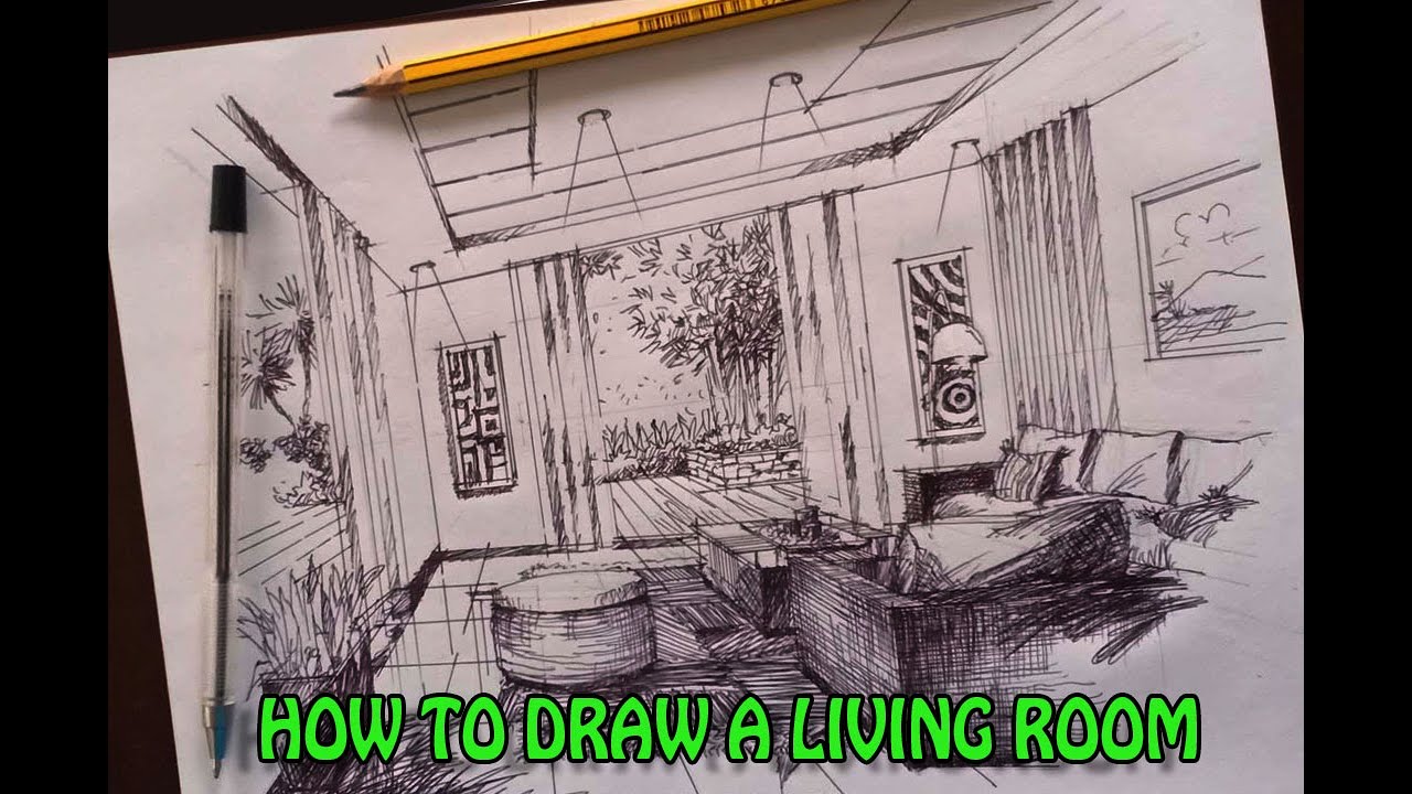 HOW TO DRAW A LIVING ROOM IN TWO POINT PERSPECTIVE - YouTube