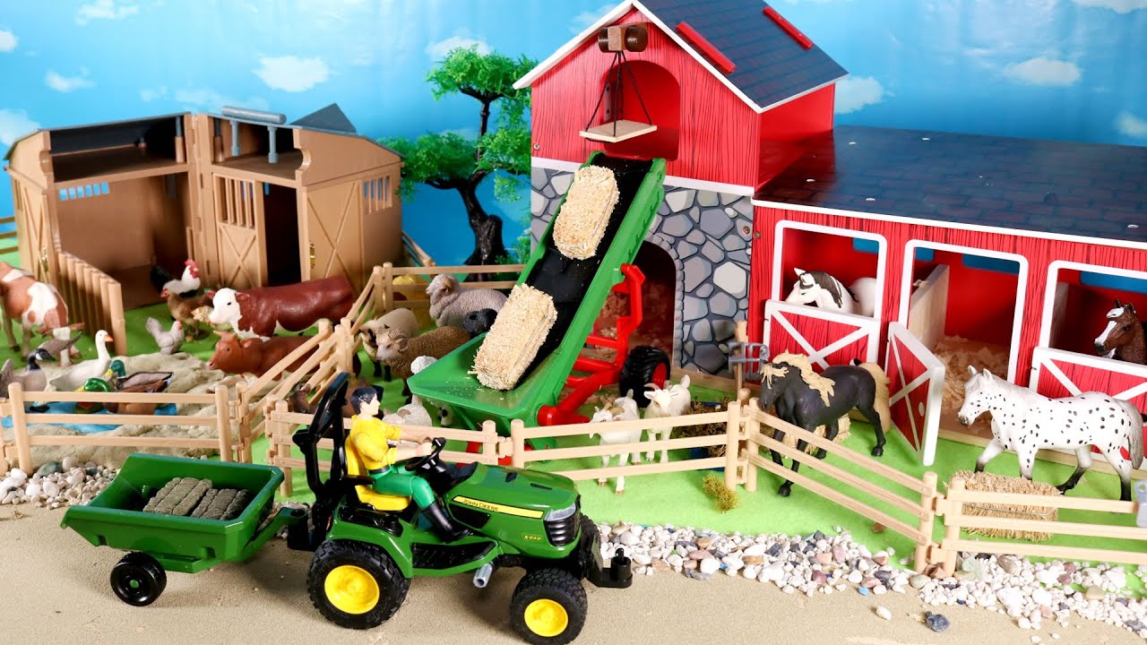 Countryside Farm Barn Diorama - Cattle Horses Sheep Animal Figurines ...