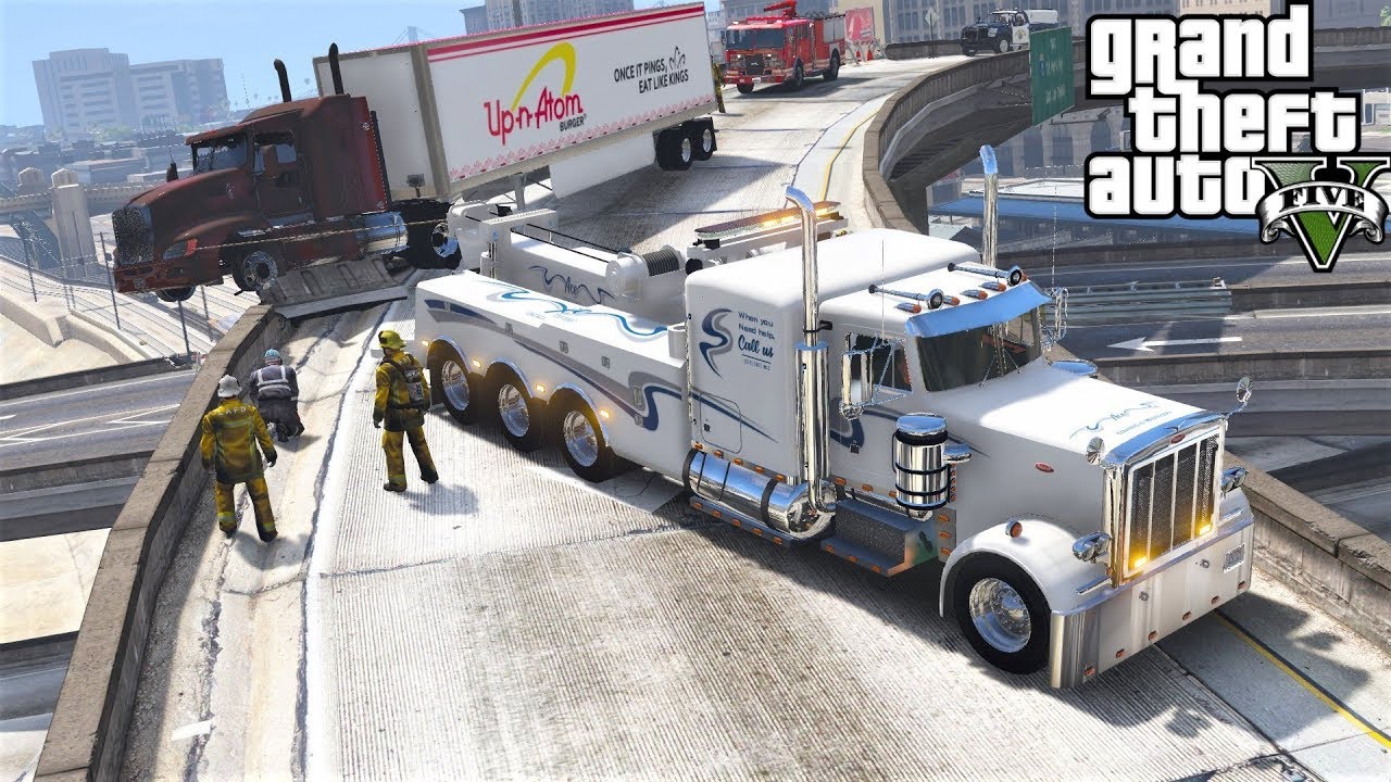 Heavy Wrecker Towing A Burnt Semi Truck in GTA 5 - YouTube