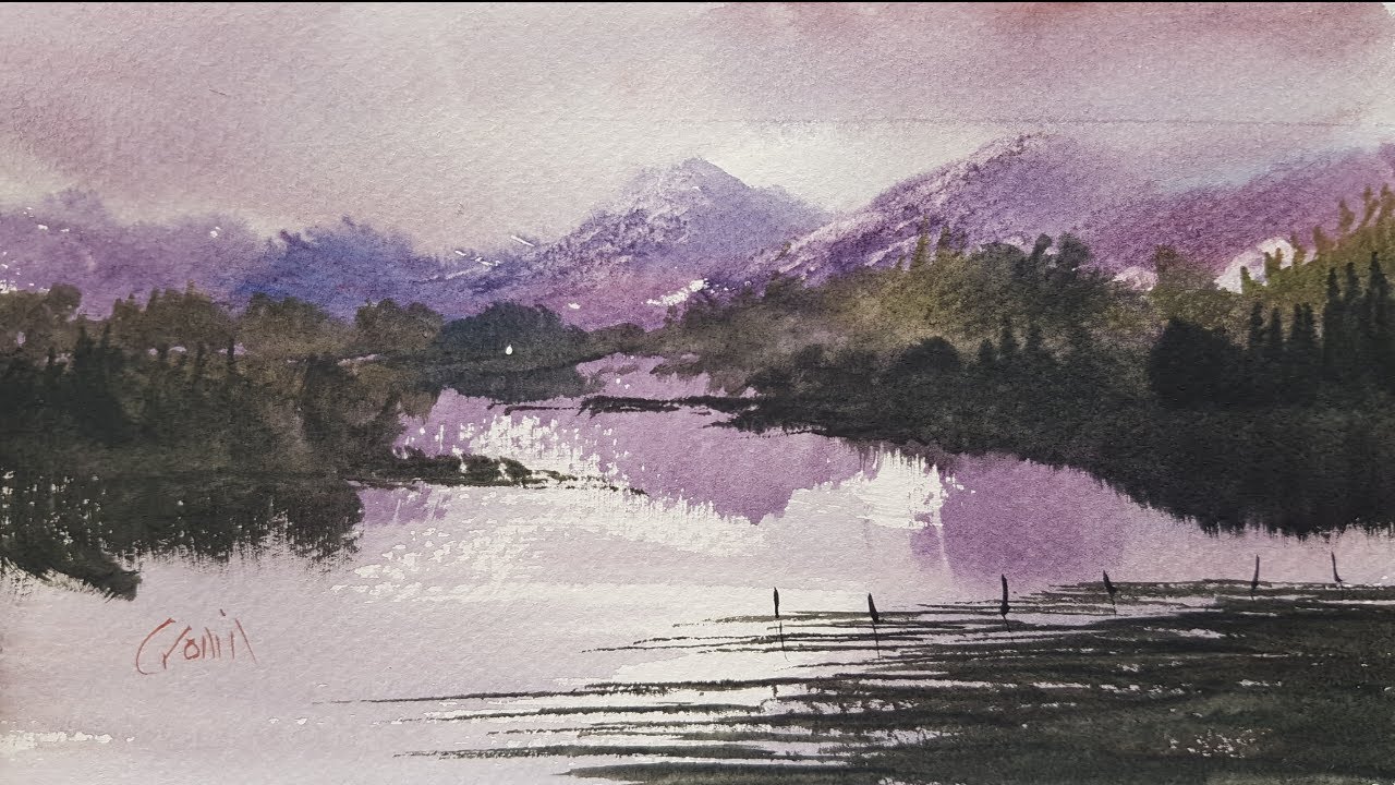 Simple lake and mountain watercolour with reflections | Using the small ...