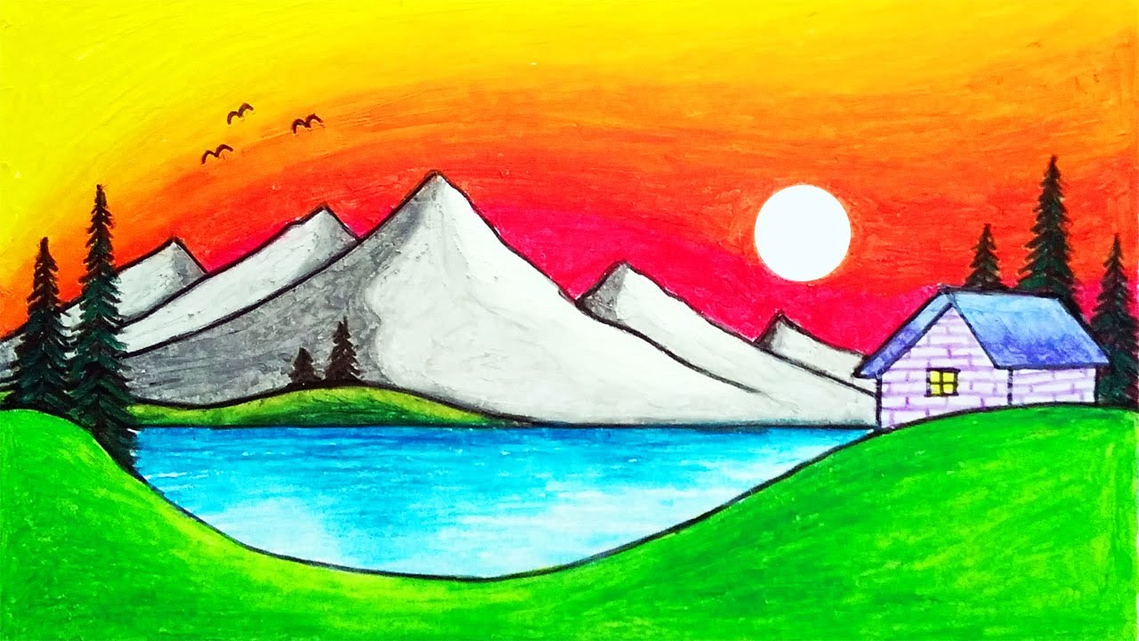 How to Draw Beautiful Sunset Over the Lake Scenery Drawing - YouTube