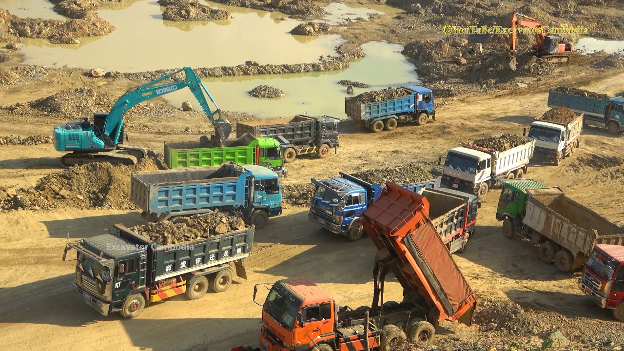 Amazing Big Group Dump Truck At Work And Excavator Clearing Dirt ...