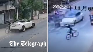 Dramatic footage shows 'runaway' Tesla ploughing into traffic and cyclists