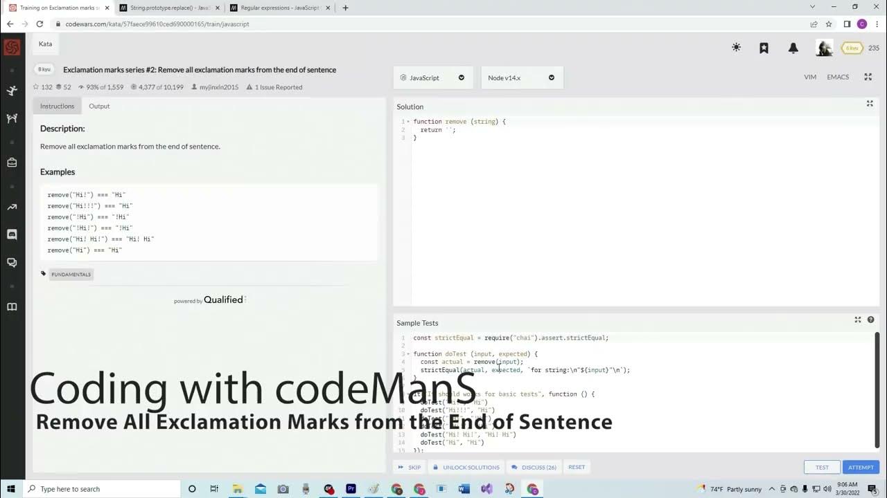 Codewars 8 Kyu Remove All Exclamation Marks From The End Of Sentence Javascript Youtube