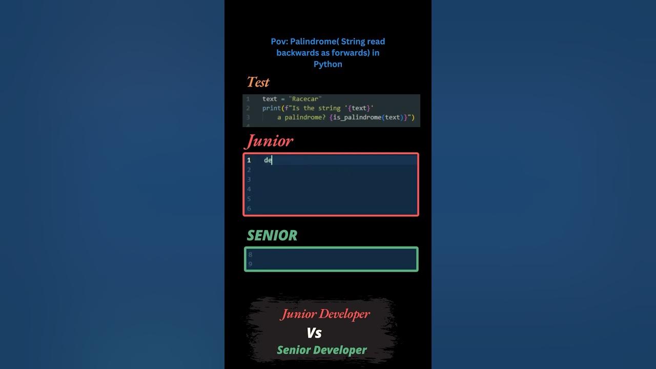 Junior vs Senior: Palindrome check in Python #programming #python #coder #codewithdeveloper ...