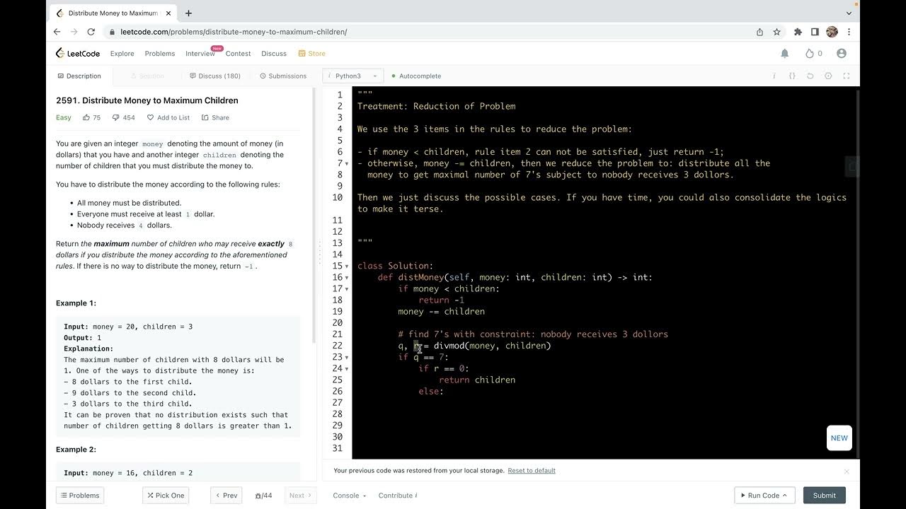 leetcode 2591. Distribute Money to Maximum Children - reduction of ...