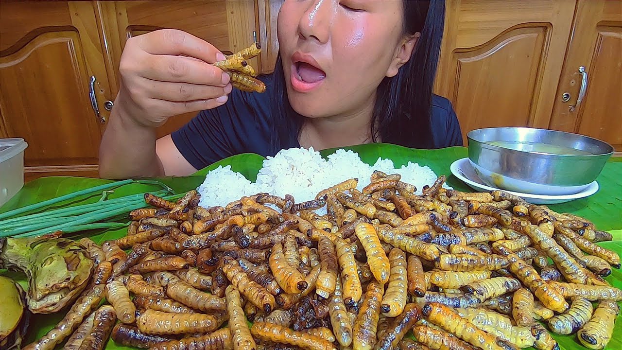 Crispy Edible Woodworm | Roasted Eggplant | Chayote Stew Mukbang - YouTube