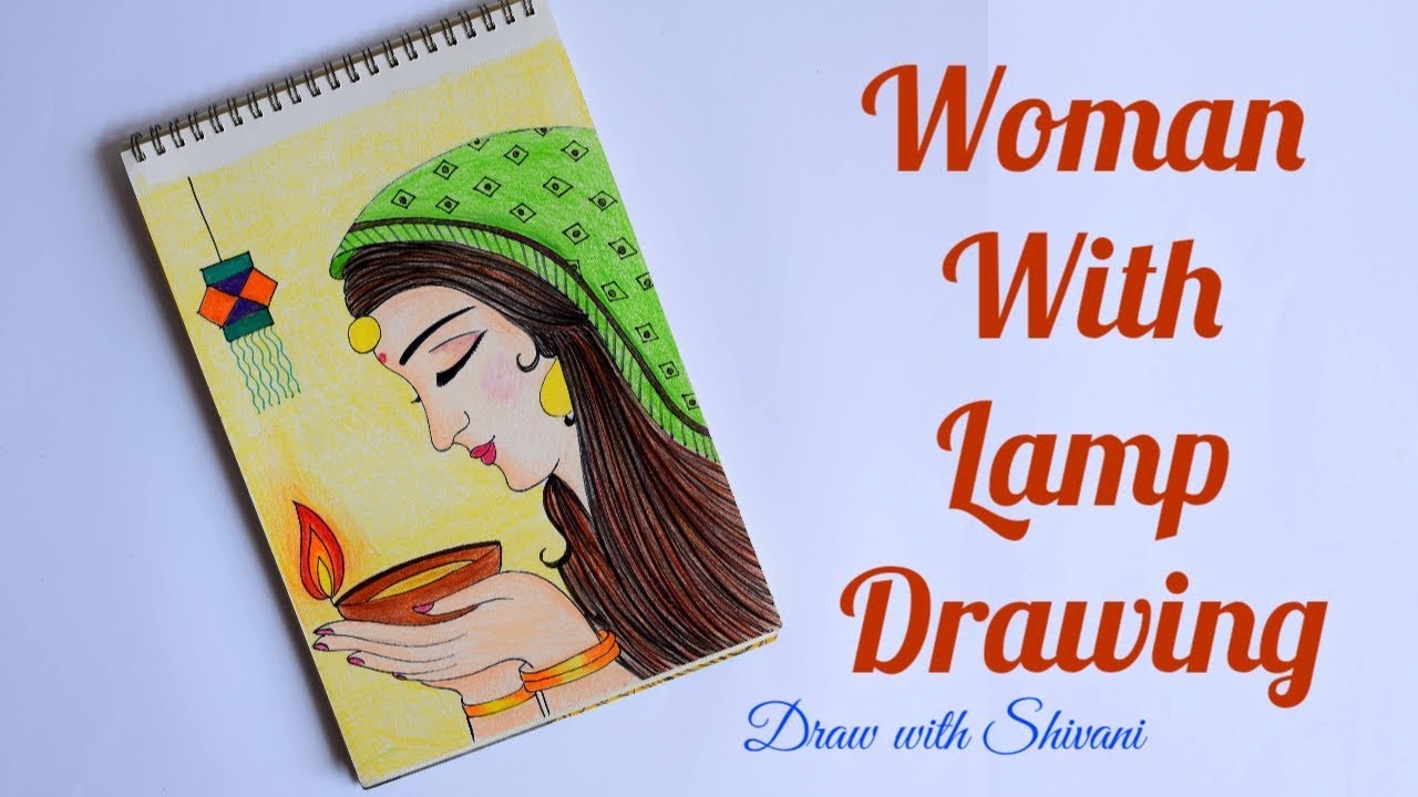 Woman with lamp Drawing using Crayons/ How to make Side Portrait of ...